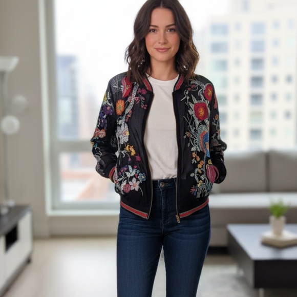 Aratta | Jackets & Coats | Floral Embroidered Bomber Black Jacket By ...